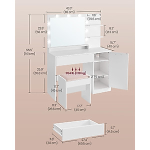 VASAGLE Vanity Desk with Mirror and Lights, 43.3-Inch Wide Makeup Vanity with Upholstered Vanity Stool, Power Outlets, Dimmable LED Lights, Storage Drawer, for Bedroom, Cloud White URDT628W01