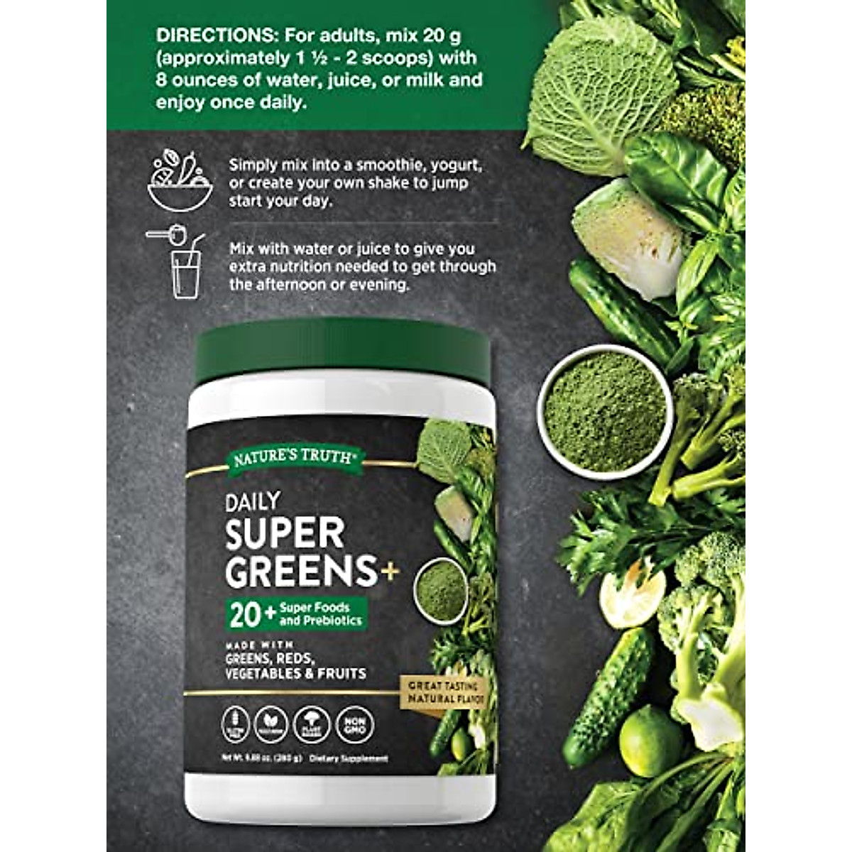 Nature's Truth Super Greens Powder Supplement | Fruit & Vegetables Superfood Blend | Vegan, Non-GMO & Gluten Free Juice & Smoothie Mix | 9.88 oz