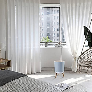 Small Trash Can with Lid Blue Seersucker Chambray Pinstripe Texture Classic Preppy Shirting Garbage Bin Wood Waste Bin Press Cover Round Wastebasket for Bathroom Bedroom Diaper Office Kitchen