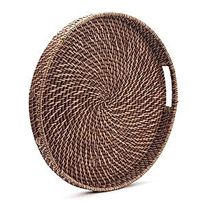 Round Rattan Woven Serving Tray with Handles Ottoman Tray for Breakfast, Drinks, Snack for Coffee Table, Home Decorative (16.9 inch, Honey Brown)