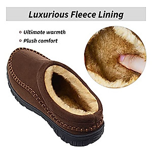 FLYFUPPY Men's Moccasin Slippers Fluffy Lining Microsuede Upper for Indoor/Outdoor Cozy Comfort Brown Size 12