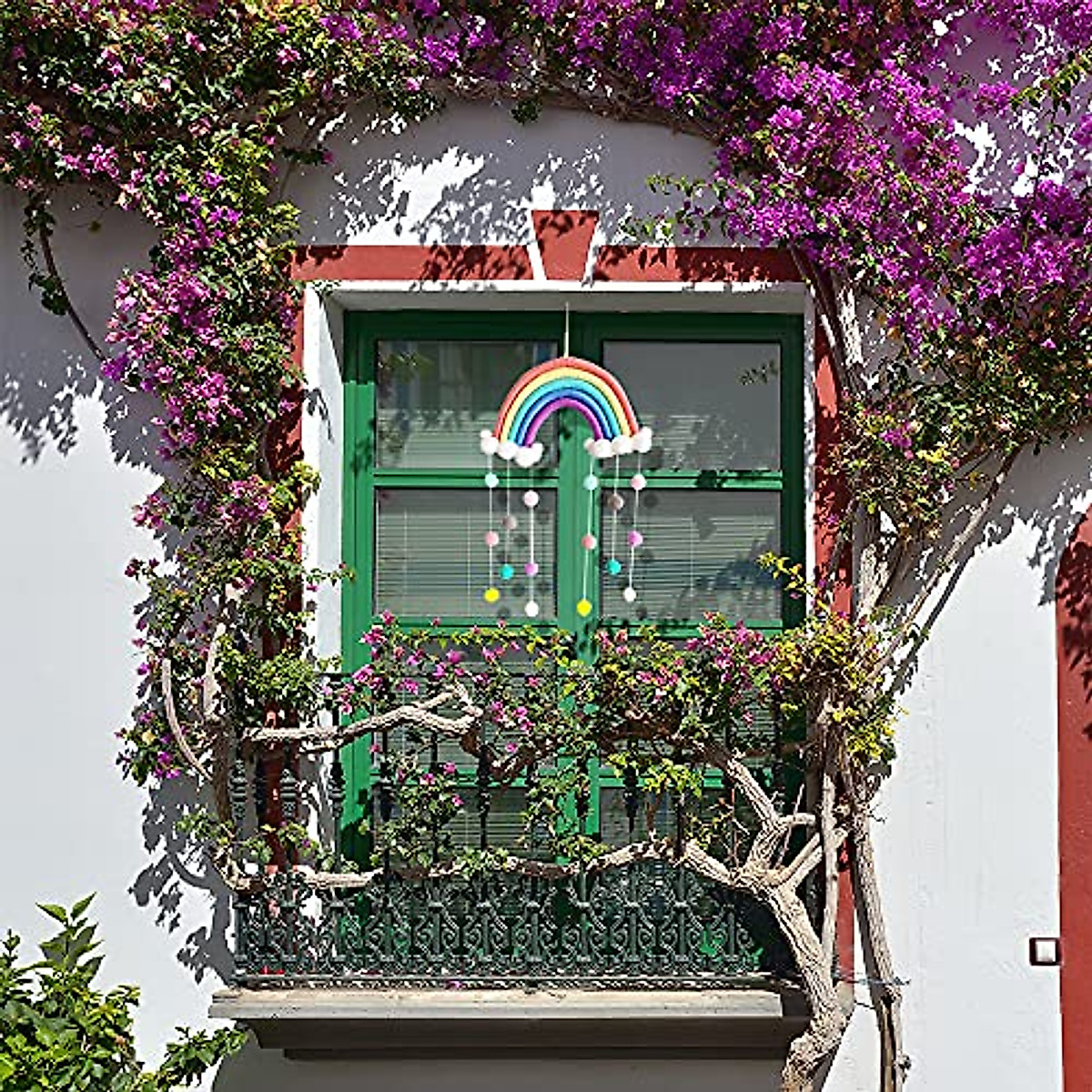 Rainbow Hanging Decoration, Macrame Tapestry Wall Hanging with Felt Ball, Handmade Braided Cords Pom-Pom,Mobile,Children’s Room Bedroom Nursery Decor-Red