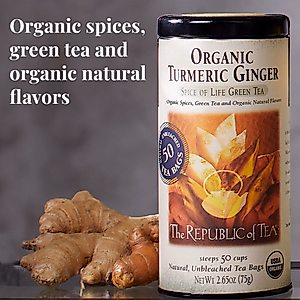The Republic of Tea — Organic Turmeric Ginger Green Tea Tin, 50 Tea Bags, Naturally Caffeinated