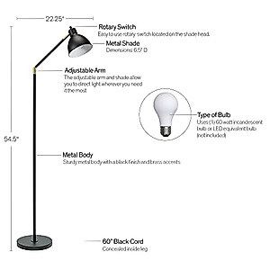 Catalina 20093-001 Modern Adjustable Metal Floor Lamp with Brass Accents, 54.5", Classic Black