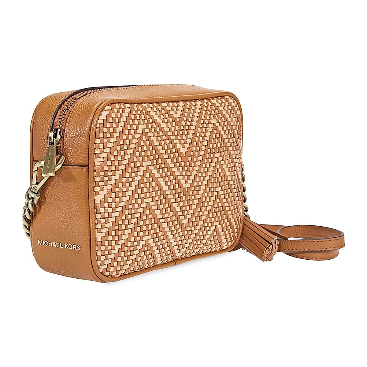 Michael Kors Ginny Medium Woven Leather Crossbody- Acorn/Butternut
