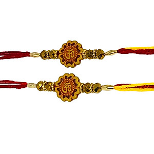JAGMOR Set of 2 OM Rakhi Thread, Rakhi for Sister, Raksha Bandha Gift for Your Brother, Flower Om Pendant with Golden Beads and Rings Rakhi Thread