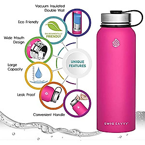 Swig Savvy Sports Water Bottle, Vacuum Insulated Stainless steel, Double Wall Wide Mouth Leakproof Lid - 18oz (Pink)