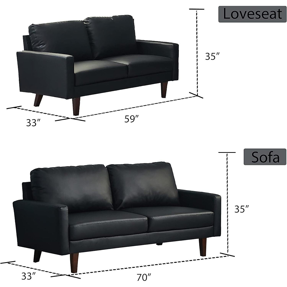 HomeStock Rococo Radiance Leather Upholstered, Comfy Couch Modern Sofa with Wooden Legs for Living Room, Office, Removable Cushions, Wooden Legs Black/Loveseat