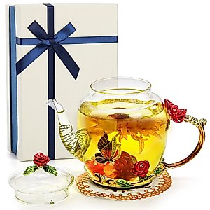 YOUEON 10 Oz Floral Glass Teapot with Rose Flower and Gold Edge, Heat Resistant Enamel Glass Teapot with Gift Box, Clear Teapot with Strainer for Blooming Tea, Loose Leaf Tea, Mothers Day
