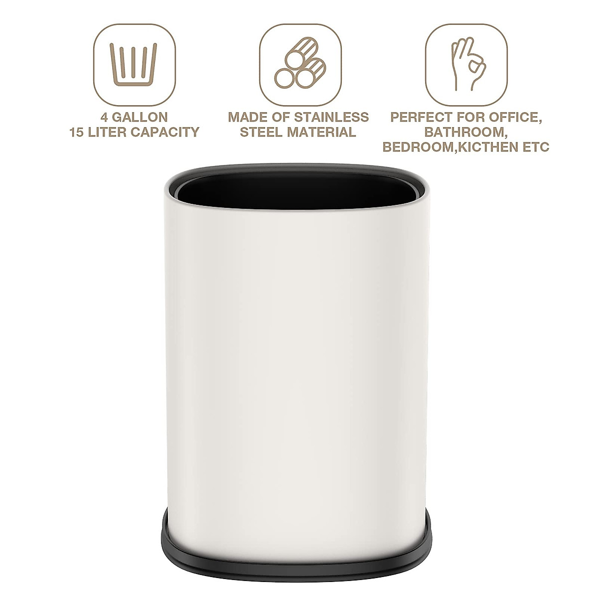 BETHEBST Open Top Metal Waste Basket, Stainless Steel Metel Garbage Can with Double Layer Bucket,4 Gallon/15 Liter