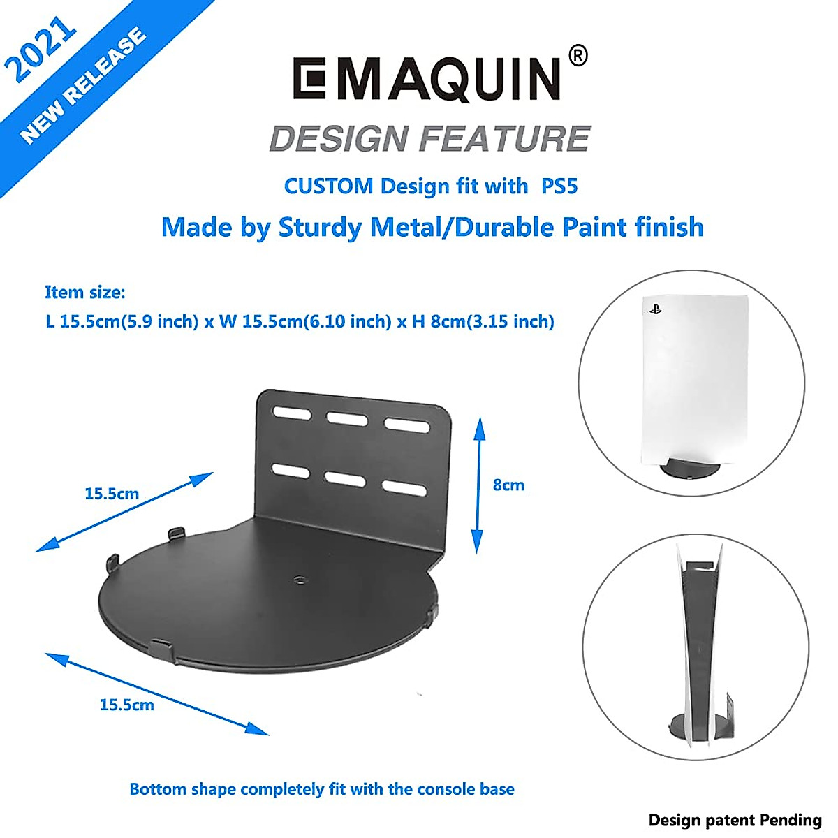 EMAQUIN Wall Mount Bracket for PlayStation 5 (PS5) (Sturdy Metal,Enduring Paint Finish,Easy Install on The Wall,Compatible with Both Console-Disc and Digital Eidtion,Black)