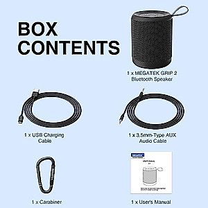 MEGATEK Portable Bluetooth Speaker, Loud HD Sound and Well-Defined Bass, IPX5 Waterproof, up to 10 Hours of Play, Aux Input, Wireless Speaker with Clip for Home, Outdoor and Travel (Black)