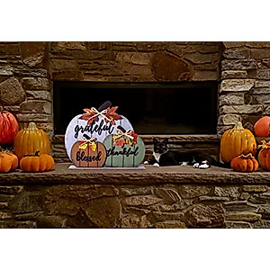 CYNOSA Fall Decorations for Home Blessed Grateful Thankful Sign Fall Decor Thanksgiving Decorations Wooden Pumpkin Tabletop Signs for Home Thanksgiving Farmhouse Living Room Harvest