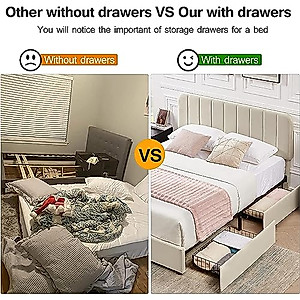VECELO Full Size Upholstered Bed Frame with 4 Drawers and Adjustable Headboard, Velvet Platform Storage Bedframe Mattress Foundation, Wooden Slats Support, No Box Spring Needed, Beige