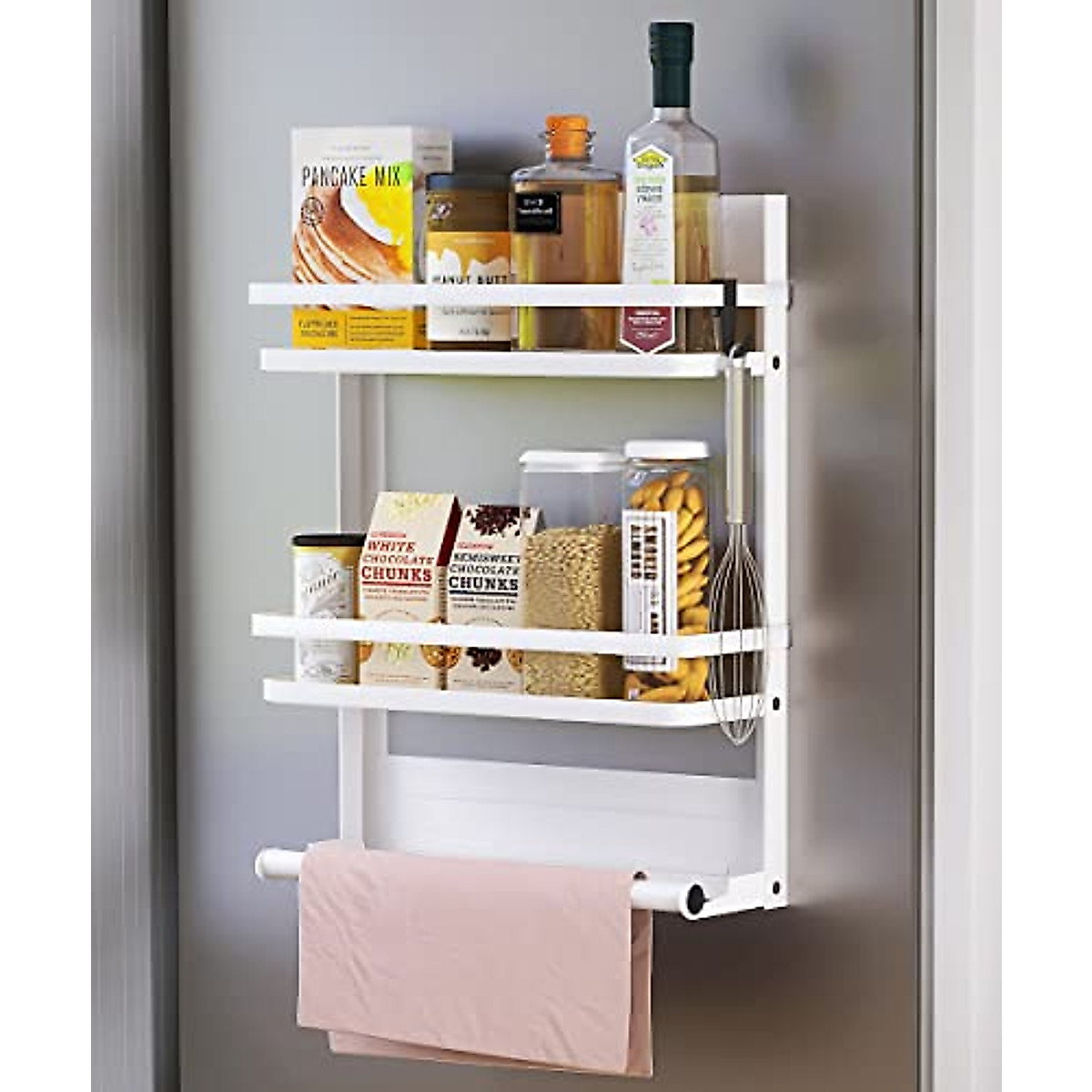 PINNIYOU Magnetic Spice Rack, Magnetic Shelf with Paper Towel Holder and 4 Hooks for Refrigerator, 3 Tier Magnetic Fridge Organizer for Kitchen Storage Spices, Pepper, White