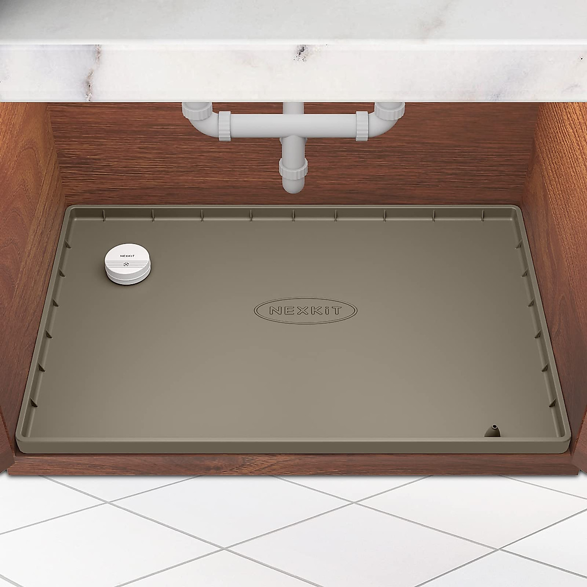 Under Sink Mat, Waterproof Silicone Mat with Water Leak Sensor Alarm, 34" x 22" Kitchen Cabinet Mat, Under Sink Liner Holds up to 3.7 Gallons Liquid(Brown)