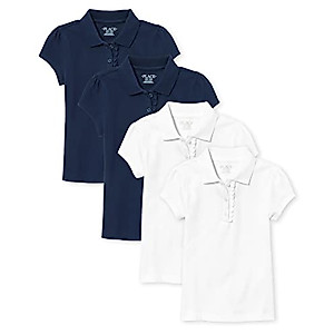 The Children's Place girls Short Sleeve Ruffle Pique Polo Shirt, Tidal/White 4 Pack, Medium US