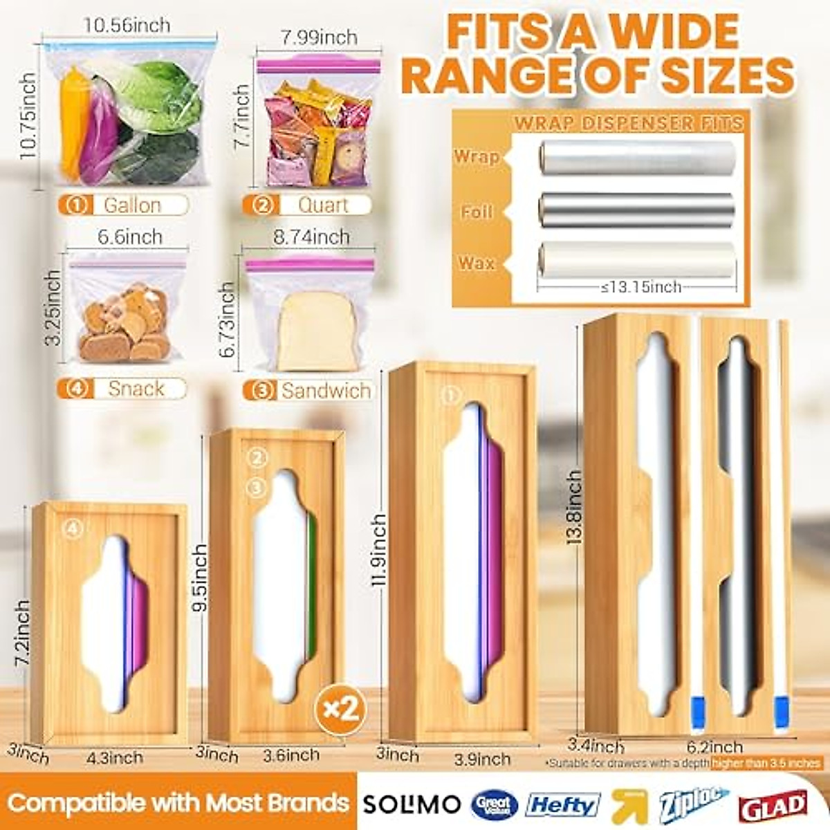 YITOBA 6 In 1 Bag Storage Organizer with Foil and Plastic Wrap Organizer, Extended Aluminum Foil Dispenser, Bamboo Baggie Organizer for Drawer, Sandwich Bag Organizer for Gallon, Quart, Snack