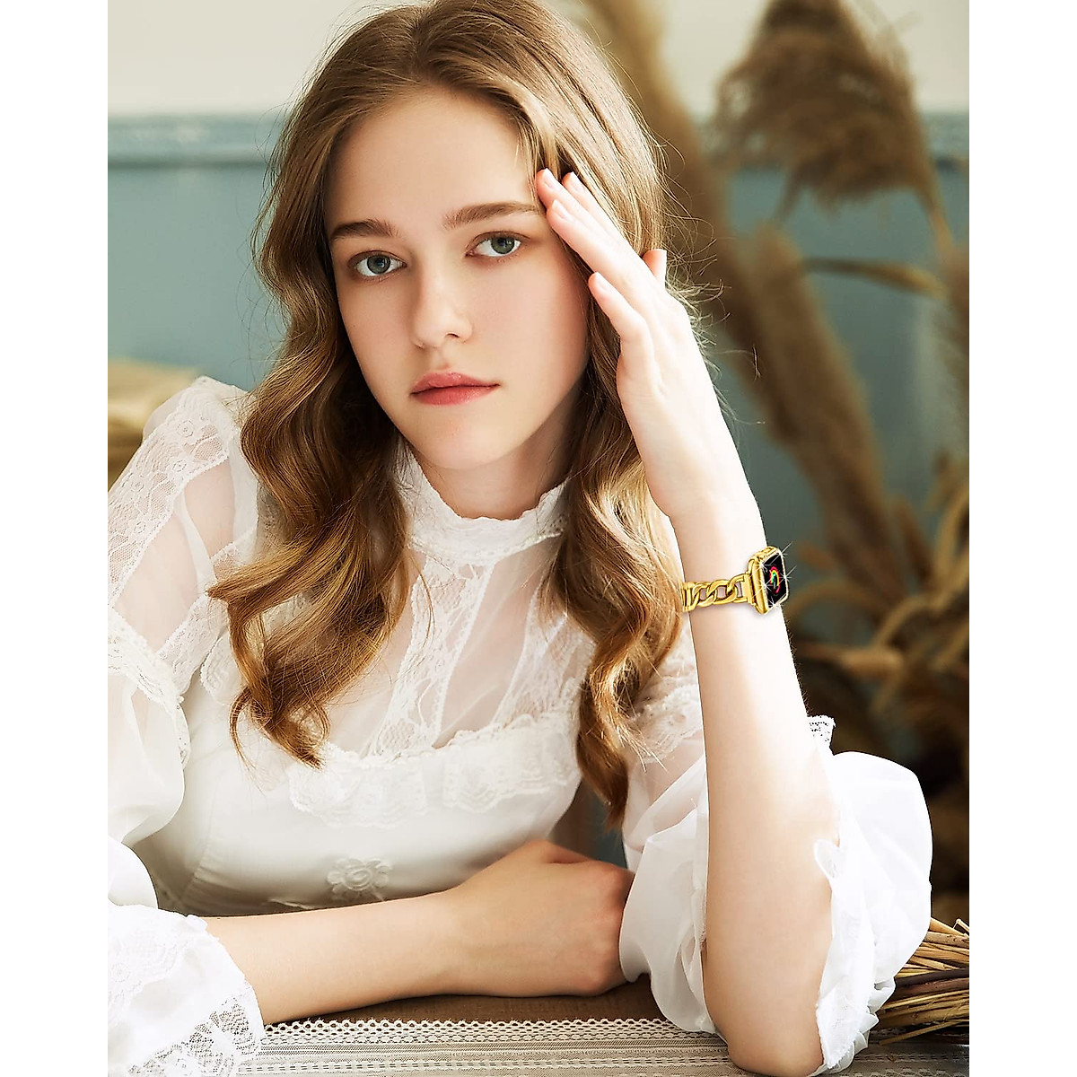 Dilando Cool Chain Metal Link Bands Compatible with Apple Watch 40mm 38mm 41mm 42mm 44mm 45mm Women Men, Gold Stainless Steel Bracelet with Bling Case for Iwatch SE Series 8 7 6 5 4 3 2 1 (Gold, 40mm)