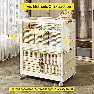 pupustar Storage Bins with Lids and Doors, Plastic Stackable Storage Bins Open Front, Foldable Storage Boxes for Organizing, Collapsible Storage Bins with Wheels, Opening Storage Boxes Set