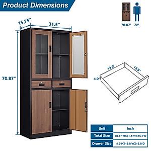 PEUKC Kitchen Pantry Cabinet, 71" Freestanding Kitchen Pantry Storage Cabinet with Drawer and Adjustable Shelves, Metal Tall Pantry Cabinet Cupborad with Glasses Doors, Wood Color