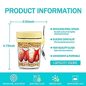 Alitake Overnight Oats Container with Lid and Spoon - 16 oz Glass Overnight Oats Jars with Measurement Mark - 4 Pcs Portable Large Capacity Airtight Mason Jars for Overnight Oats, Cereal, Milk, Fruit