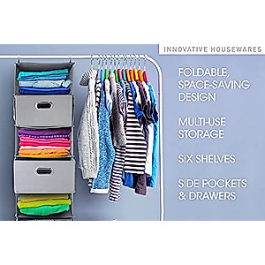 Closet Organizer Hanging Shelves, 6 Shelf Closet Storage with 5 Storage Drawers & Purpose Made Pockets, Jewelry Shoe Organizer Drawer Organizers, Perfect for Organization and Storage (Light Grey)
