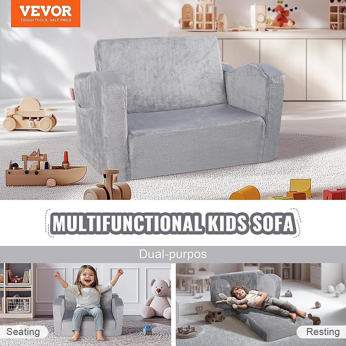 VEVOR Kids Couch, Toddler Chairs Comfy, 2-in-1 Toddler Couch Sofa Bed Fold Out, Convertible Sofa to Lounger, Kids Chair Seat Playroom Furniture for Kids Girls & Boys, Grey