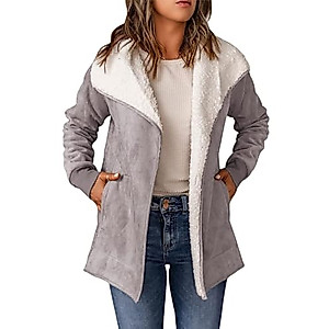 Dokotoo Womens Winter Warm Long Sleeve Open Front Fleece Jacket Stand Collar Sherpa Lined Outerwear Fashion Thicken Faux Suede Coats Jackets for Women 2024,XL,Gray