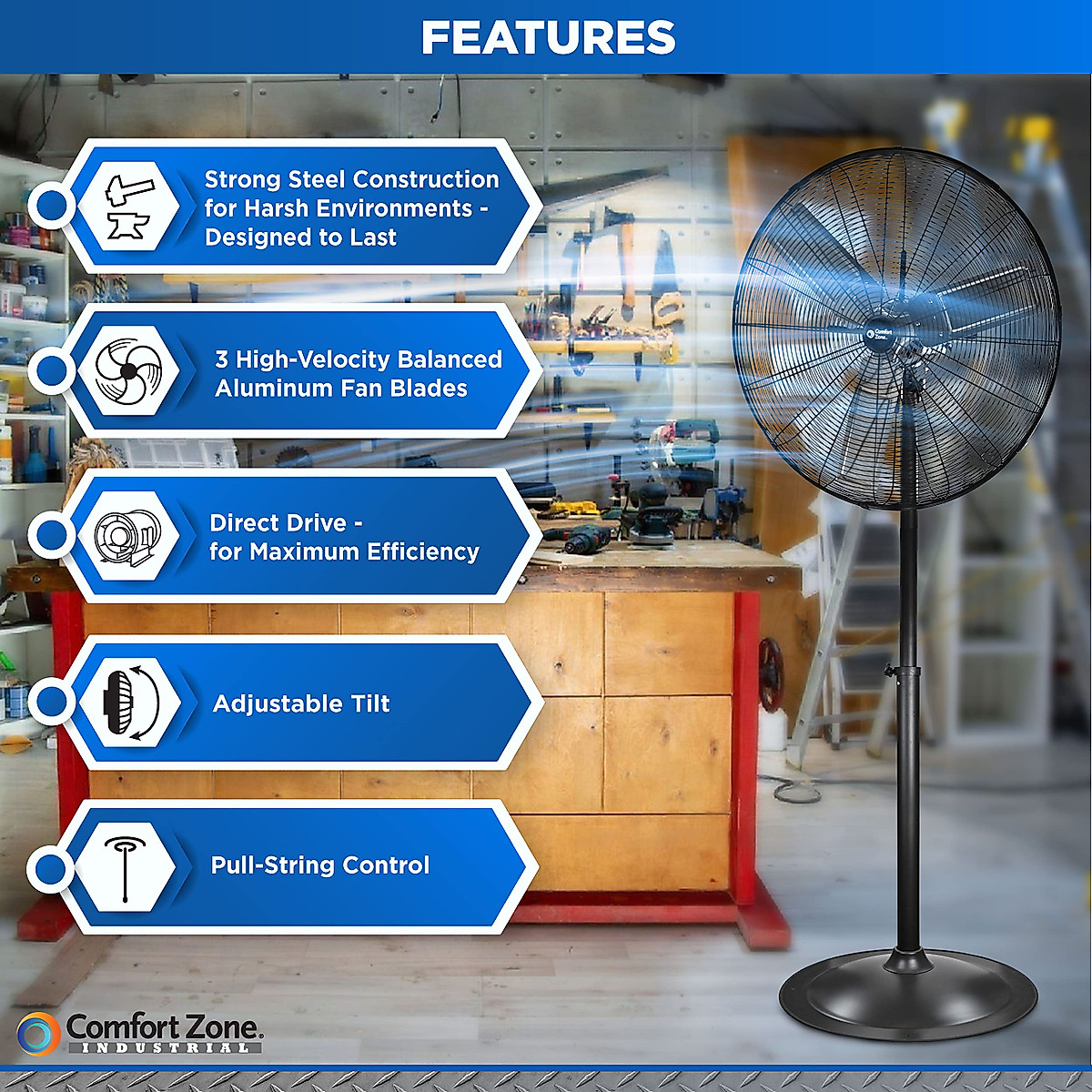 Comfort Zone CZHVP30 30” High-Velocity 3-Speed Industrial Pedestal Fan with Aluminum Blades and Adjustable Height, Black