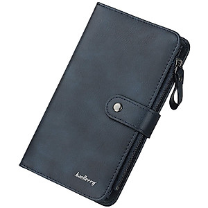 Wristlet Wallets for Men & Women, Leather Clutch Wallet with Card Slots Business Long phone Purse Multi Card Organizer (C224 Navy Blue)