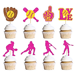 Rngmsi Softball Cupcake Toppers Decorations - 40PCS Softball Party Decorations Glitter Softball Birthday Cake Decorations Pink Softball Baby Shower Decor Supplies Softball Cupcake Toppers for Girls