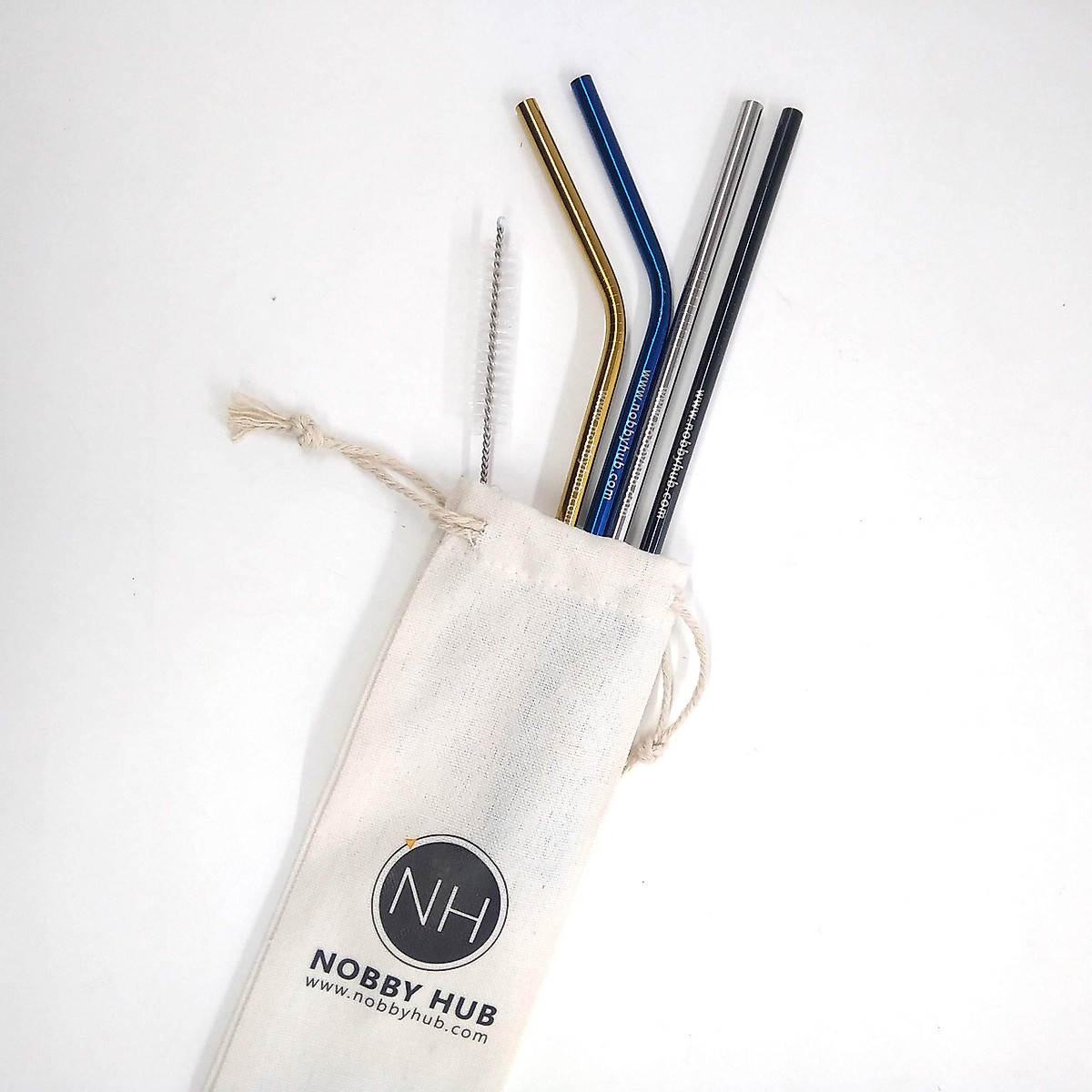 Reusable Stainless Steel Drinking Straws, Set of 4, 2 bent, 2 straight, all different colored, in Cloth Bag, and Free Cleaning brush, Help save the environment
