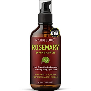 MYSTÉRE BEAUTÉ Rosemary Hair Oil for Hair Growth - Ideal for Dry Damaged Hair & Scalp with Mint, Biotin & Essential Oils - Formulated for Scalp Soothing & Hair Strengthening - 4 fl oz