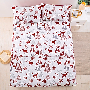 Luxudecor Christmas Sheets Set Queen Size 4 Piece Red Reindeer Fitted Sheet Deep Pocket Soft Microfiber Bedding Sheets and Pillowcase Set for All Seasons