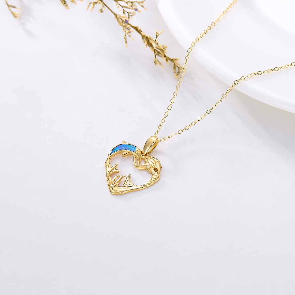 YDD 14K Solid Gold Mermaid Necklace for Women Dolphin Opal Necklace Heart Pendant Necklace Ocean Necklace 16''-18''
