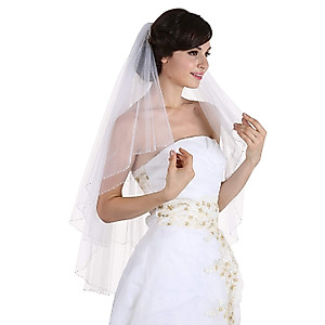 SAMKY 2T 2 Tier Beaded Edge Circular Veil - Light Ivory Clear Crystal Fingertip Length 36"