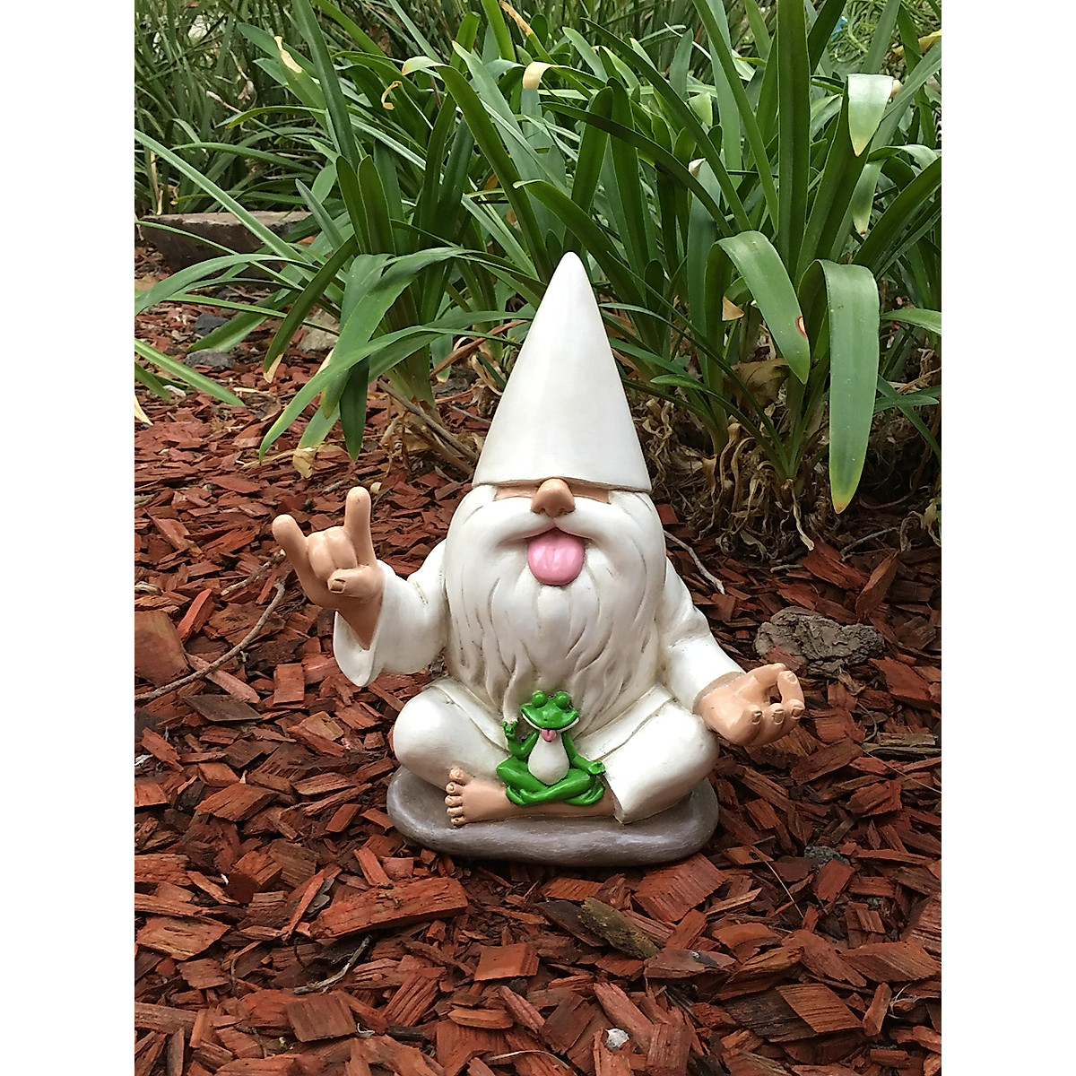 GlitZGlam Rocker Gnome George with Zen Frog - This Garden Gnome Combines Peace, Tranquility and Rock N Roll for Your Fairy Garden
