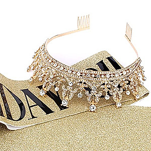 COCIDE Birthday Tiara and Crown for Women, Sash for Girls, Decorations Set, Rhinestone Crystal Hair Accessories for Birth Day Party Headband Cake Toppers