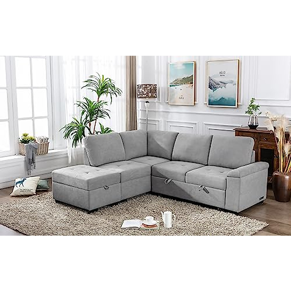 Merax, L-Shape Corner Couch Sofa-Bed with Storage Ottoman & Hidden Arm Storage & USB Charge for Living Room Apartment, Light Gray
