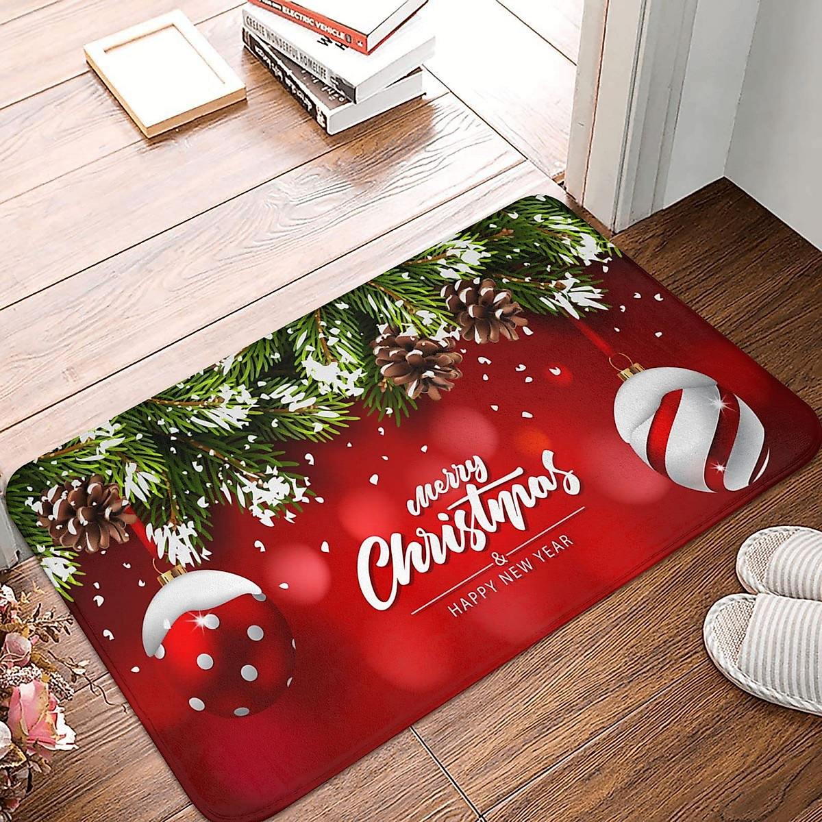 Christmas Bath Mat for Bathroom New Year Ball Fir Branch Red Rugs Shower Mats Memory Foam Rug Non Slip Floor Small Carpet Soft Light Absorbent Washable for Home Hotel Decor 15.7 X 23.6 inch
