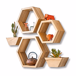 CYYZB Hexagon Floating Shelves,Set of 5 Honeycomb Shelves for Wall,Rustic Brown Wood Farmhouse Storage Home Decor Shelf,Wall Mounted Wooden Hexagonal Shelves for Bedroom Living Room