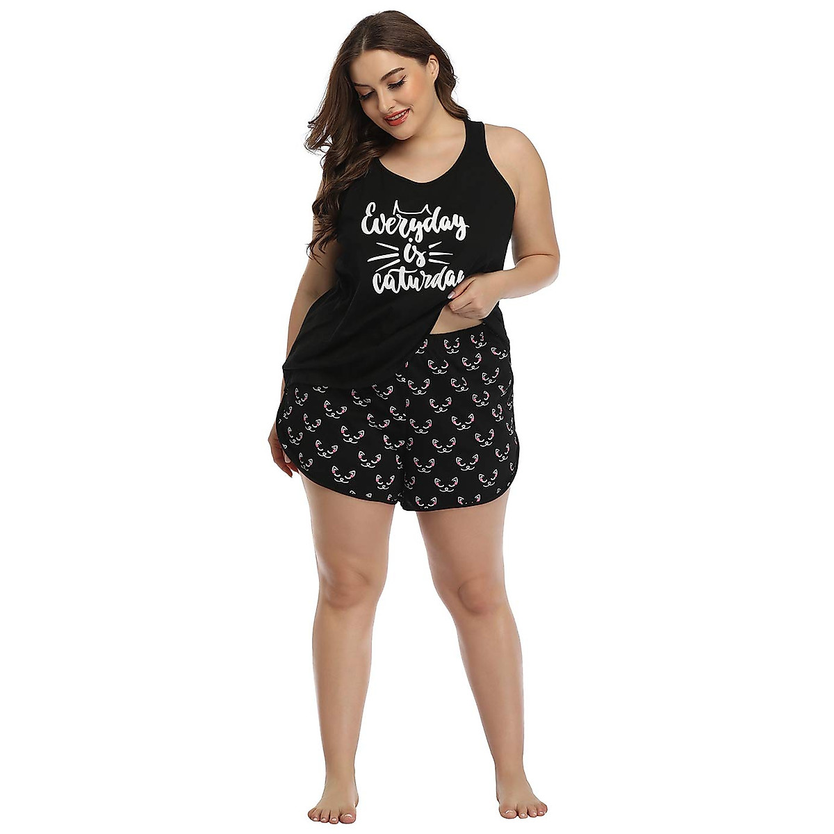 HDE Women's Plus Size Pajama Set Tank Top and Shorts Sleepwear PJ Sets (Caturday, 2X)