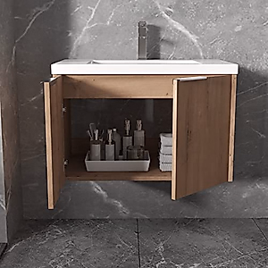 Lifeand Cabinet with Sink,Soft Close Doors,Float Wall-Mounting Design for Small Bathroom, 30'', Oak