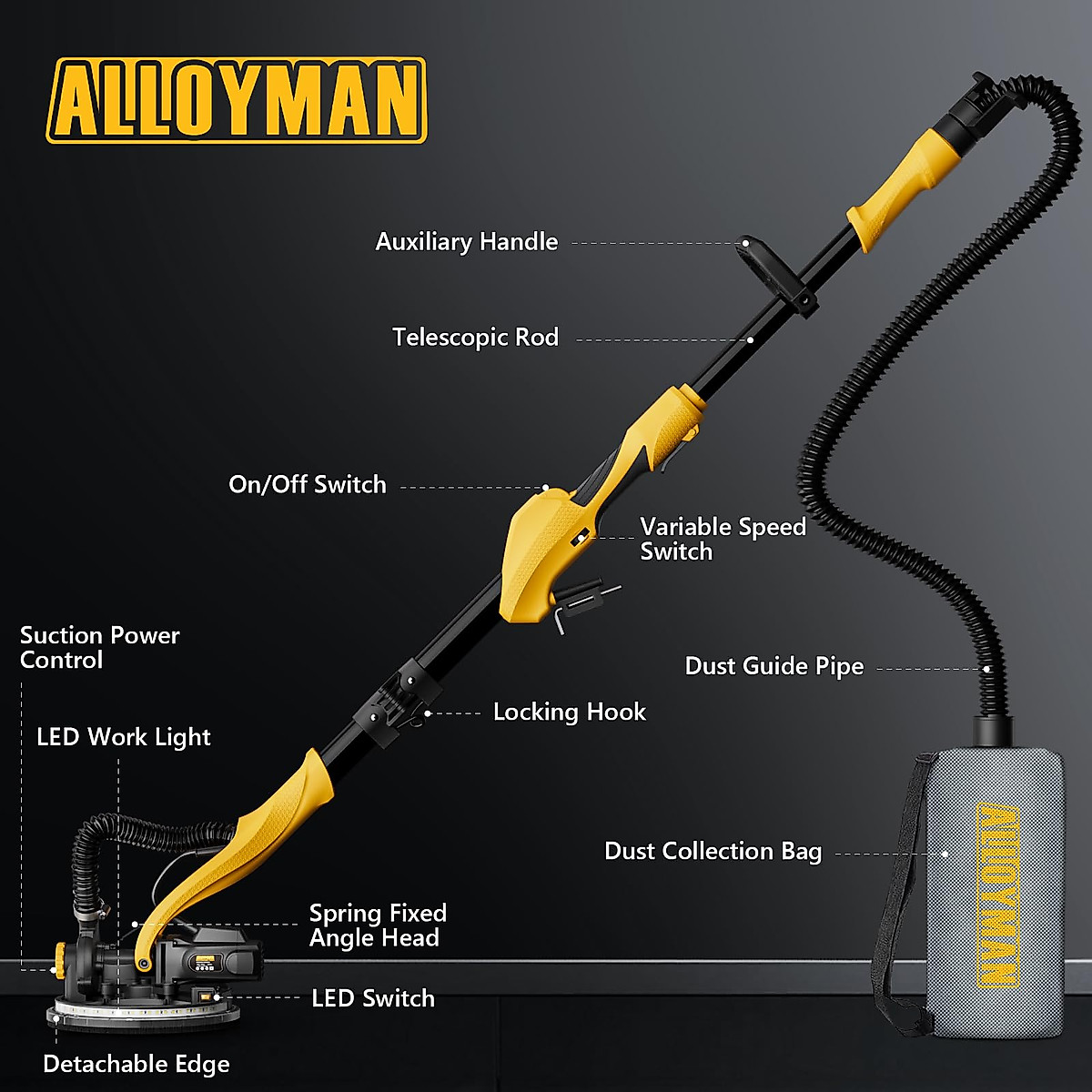 Drywall Sander, 1050W Electric Drywall Sander with Vacuum Dust Collection, 2100RPM Wall Sander with 7 Variable Speed, Foldable & Extendable Handle, Double-Deck LED Light, Dust Bag and Hose