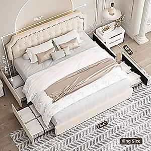 King Bed Frame with Storage and Adjustable Headboard, Bed Frame with 4 Drawers and Wooden Slats Support, No Box Spring Needed, Velvet, Beige