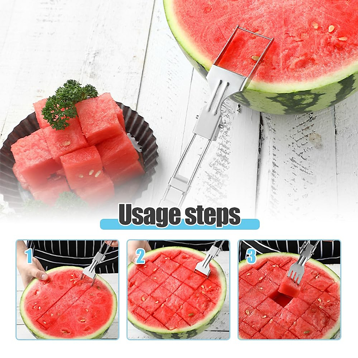 Foldable 2 In 1 Stainless Steel Fruit Cutter, 2024 Upgrated Watermelon Windmill Cutter Slicer Tool for Melon Cube, Multifunctional Fruit Fork Watermelon Cutter Knife for Kitchen Gadgets (2)