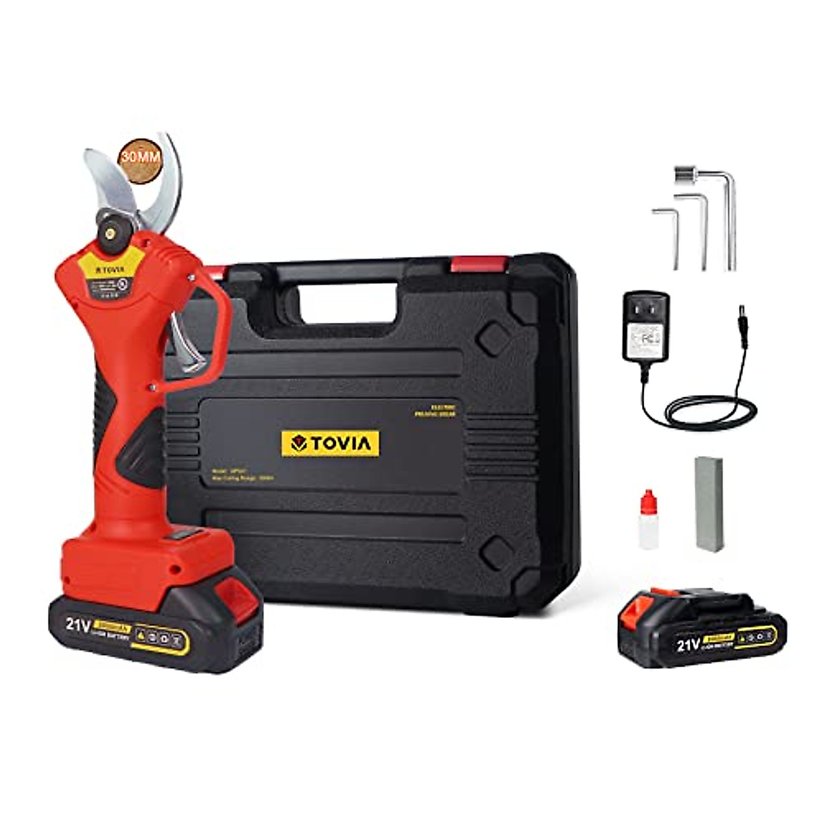 Electric Pruning Shears Cordless 21V with 2000mAh 2PCS Lithium Battery and Matching Tools,30mm (1.2″) Cutting Diameter,Tree Branch Flowering Bushes Trimmers for Gardening (Red)