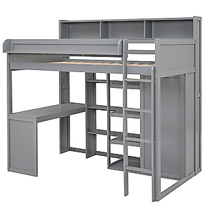 Twin Loft Bed with Storage Shelves and Under-Bed Desk, Wooden Bed Frames with Wardrobe and 3 Cabinets, Gray