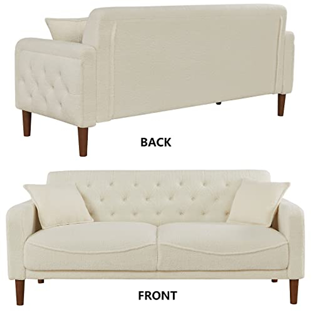 Aoowow Teddy Fabric Sofas and Couches 78 Inches Long, Mid Century Modern Couch Tufted Back Sofa with 2 Throw Pillows, Armrest and Wooden Legs for Living Room, Apartment, Bedroom (Beige)